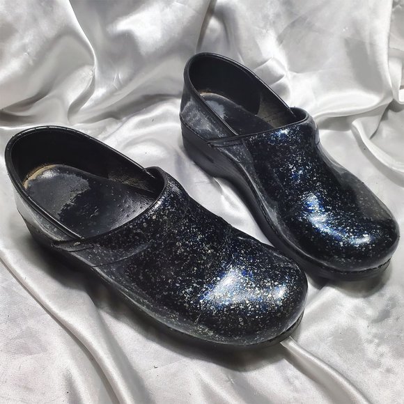 Dansko | Shoes | Dansko Blue Black Silver Sparkle Patent Clog Shoes Sz ...